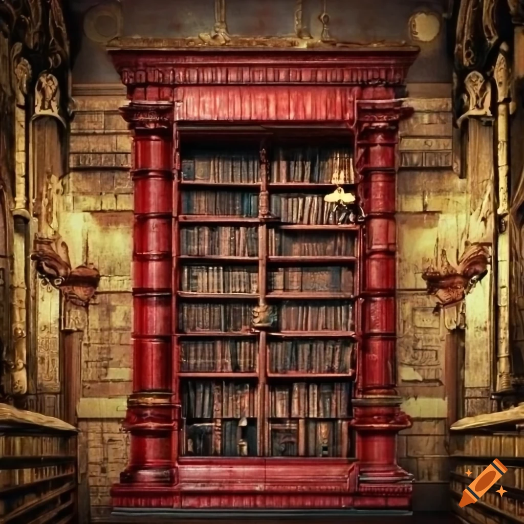 Steampunk library with red and gold decor and hidden bookshelf door on ...