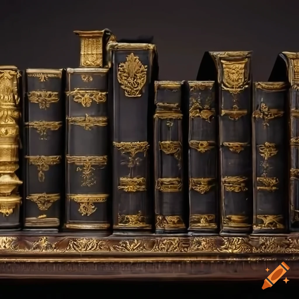 Row of intricately decorated vintage gold and black books on Craiyon