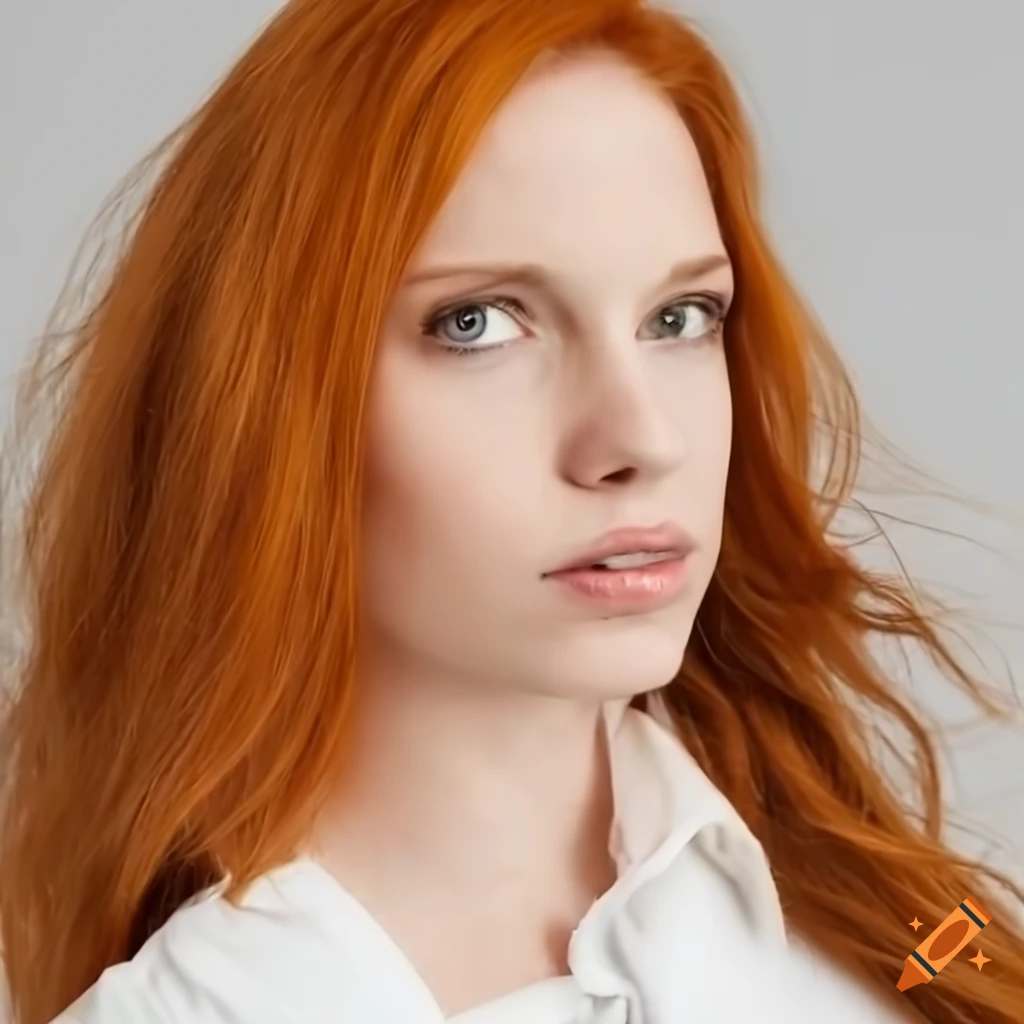 Beautiful ginger-haired woman in white top and blue jeans on Craiyon