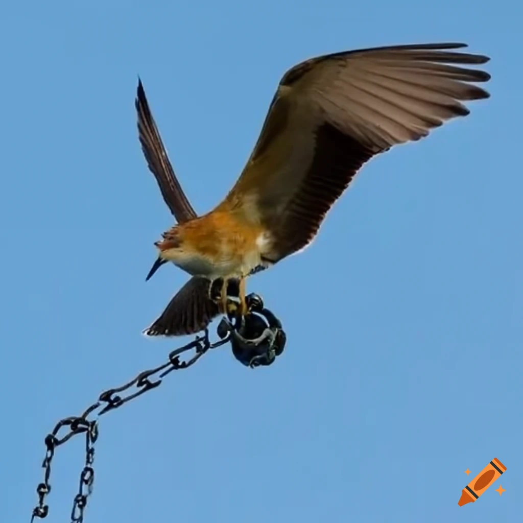 Bird with iron ball and chain attached to its leg in flight on Craiyon
