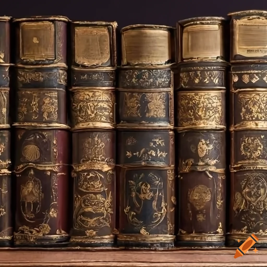 Row of intricately decorated antique vintage books with full spines on ...
