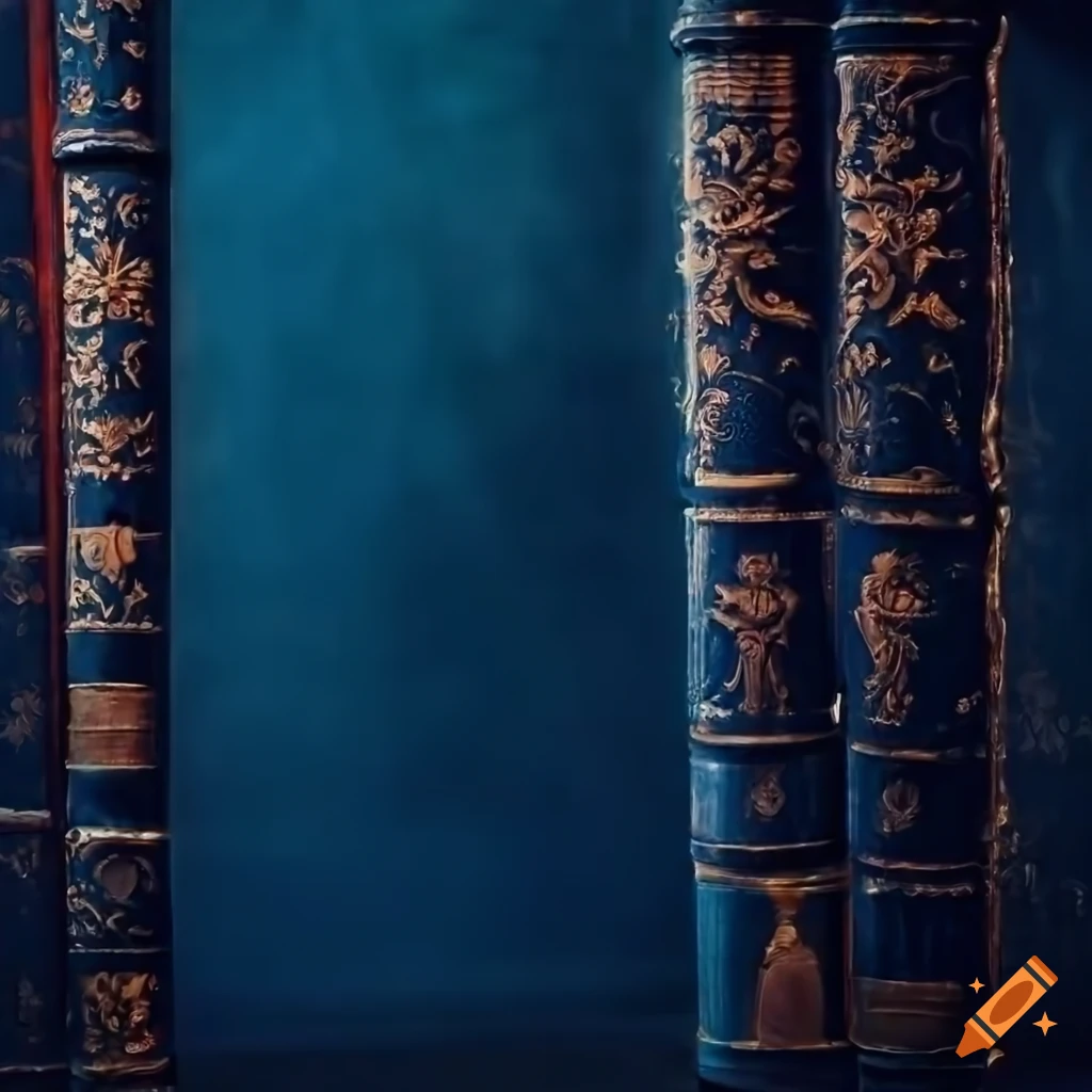 Row of intricately decorated vintage blue books on Craiyon