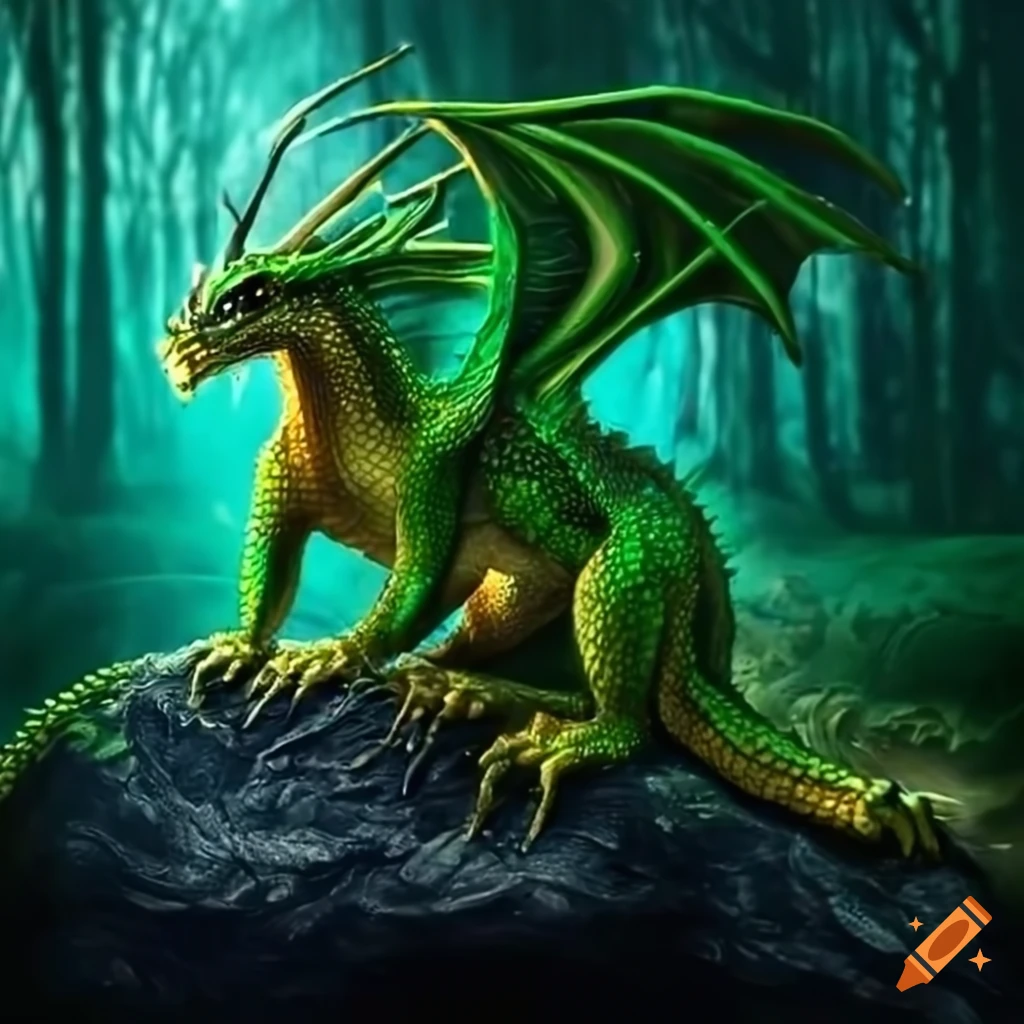 Green dragon with nature on its back on Craiyon
