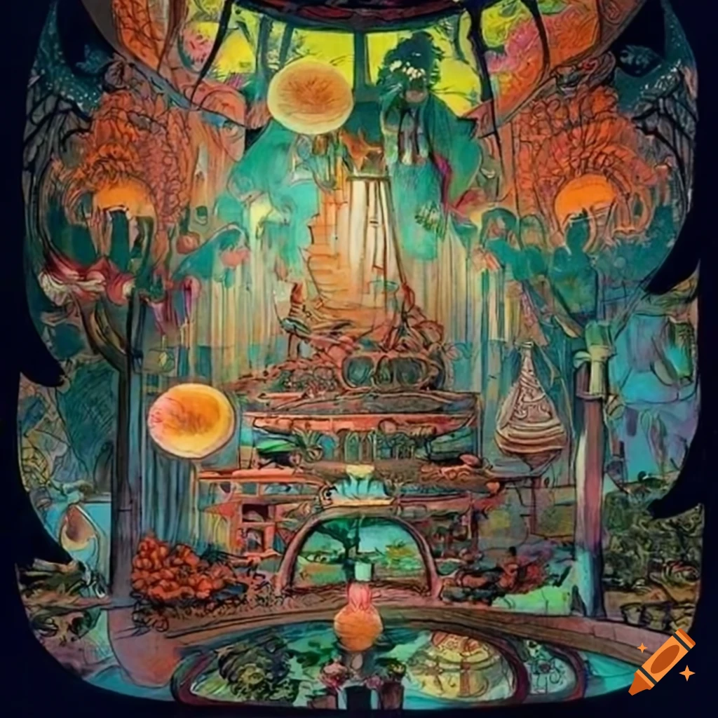 Panorama painting of a steam punk Time Machine in a lush garden with ...