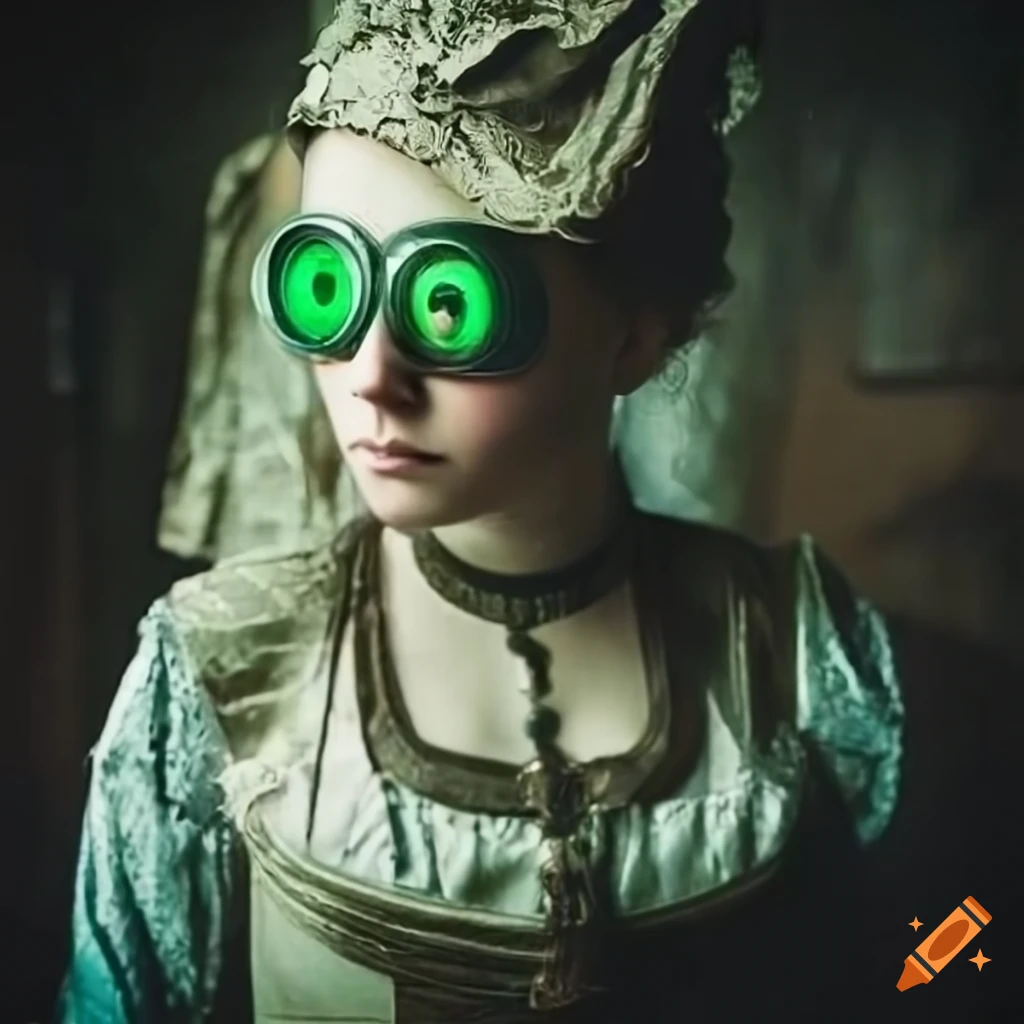 Woman with green-lensed goggles in victorian coal mining outfit on Craiyon
