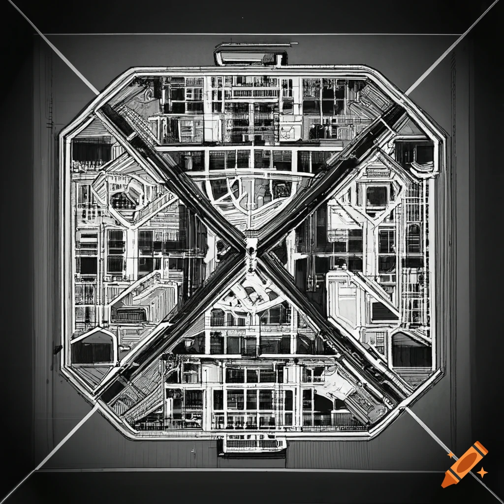 Detailed architectural plan of a complex interchange system on Craiyon