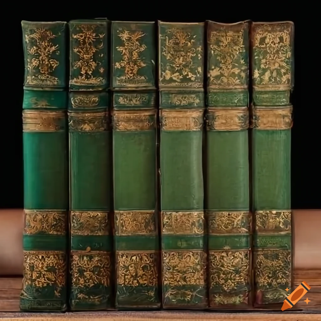 Row of intricately decorated vintage deep green books on Craiyon