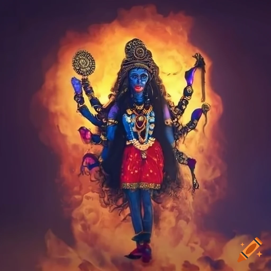 Maa Kali emerging from fire in a dark depth fields on Craiyon