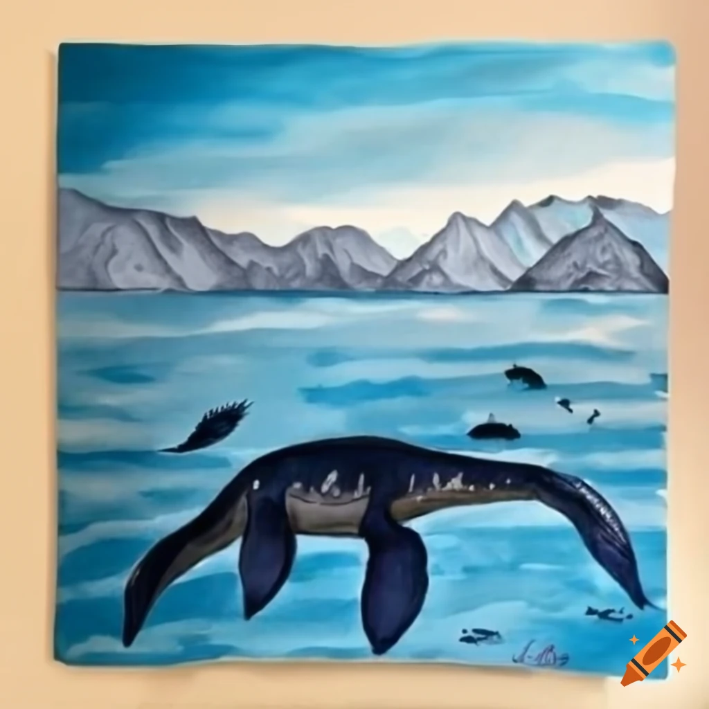 High contrast ink drawing of a swimming plesiosaur with mountains in ...