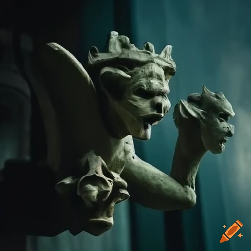 Gothic gargoyles hanging over a pit on Craiyon