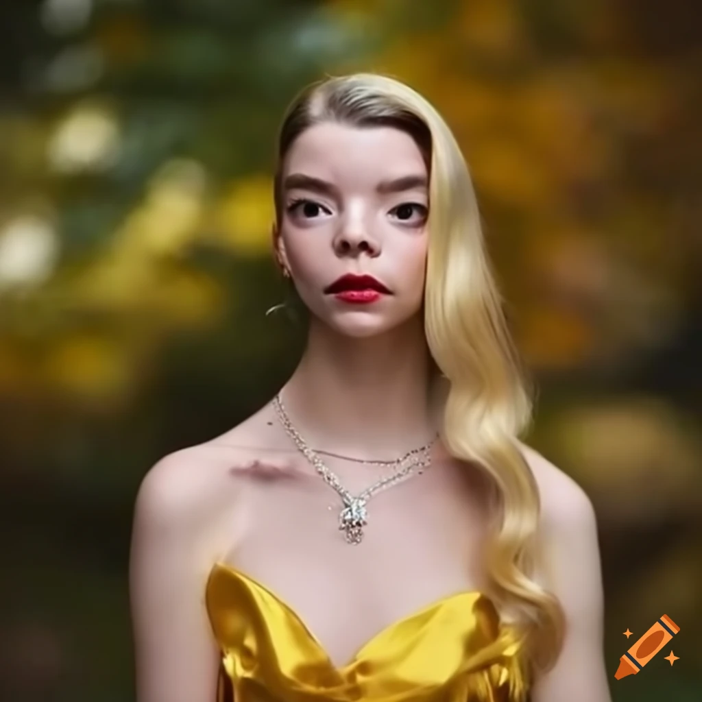 Anya taylor-joy in a yellow satin nightgown on Craiyon