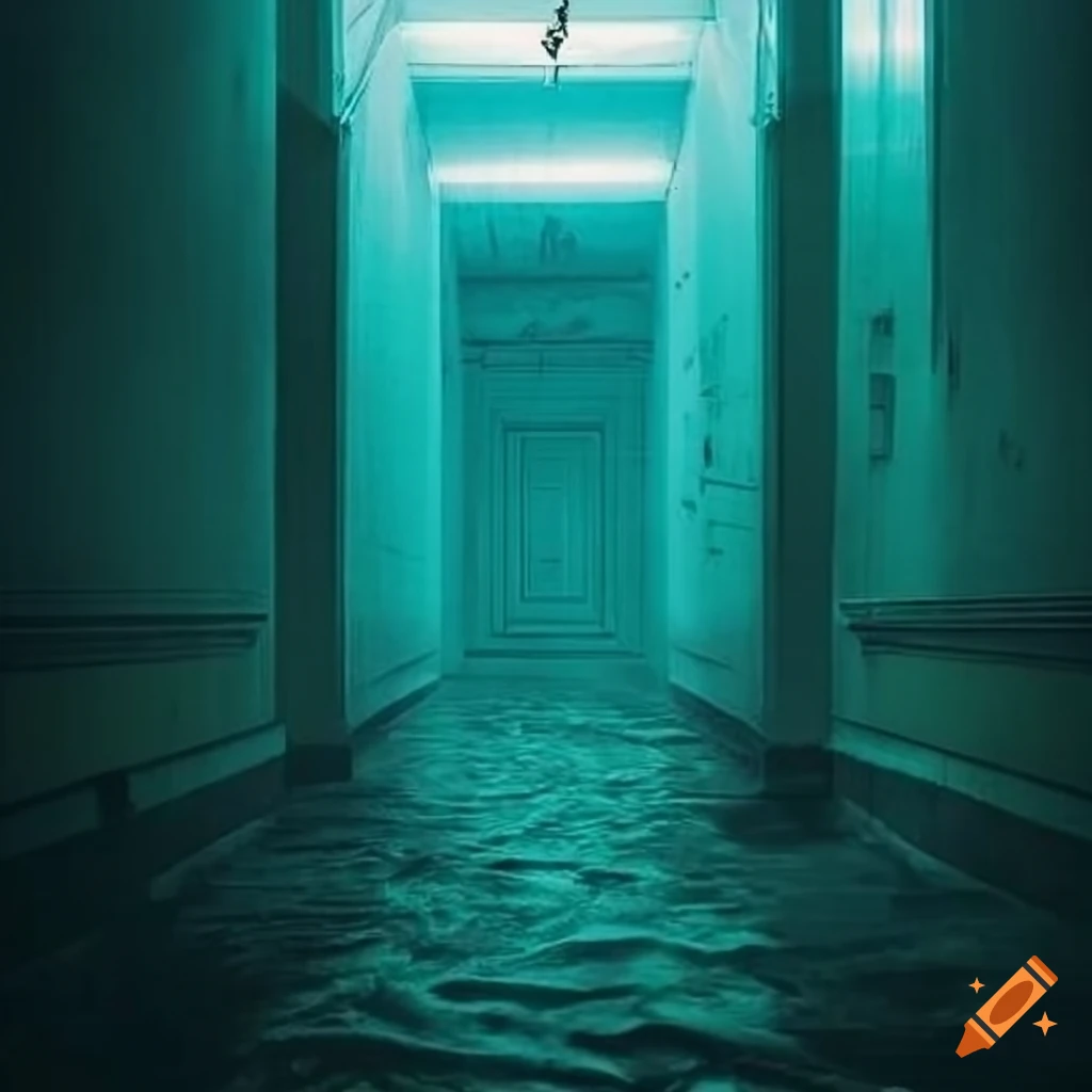 Decaying, overgrown, half-flooded hallway leading to the ocean in a ...