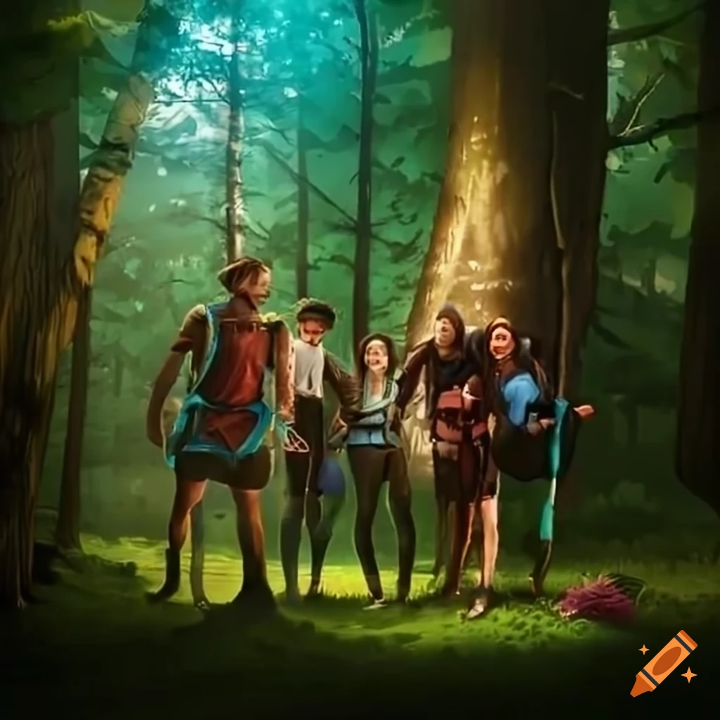 Adventure team posing in a magical forest on Craiyon