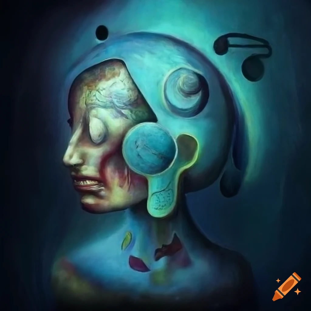 Surreal painting of computer error messages and music theory symbols on ...