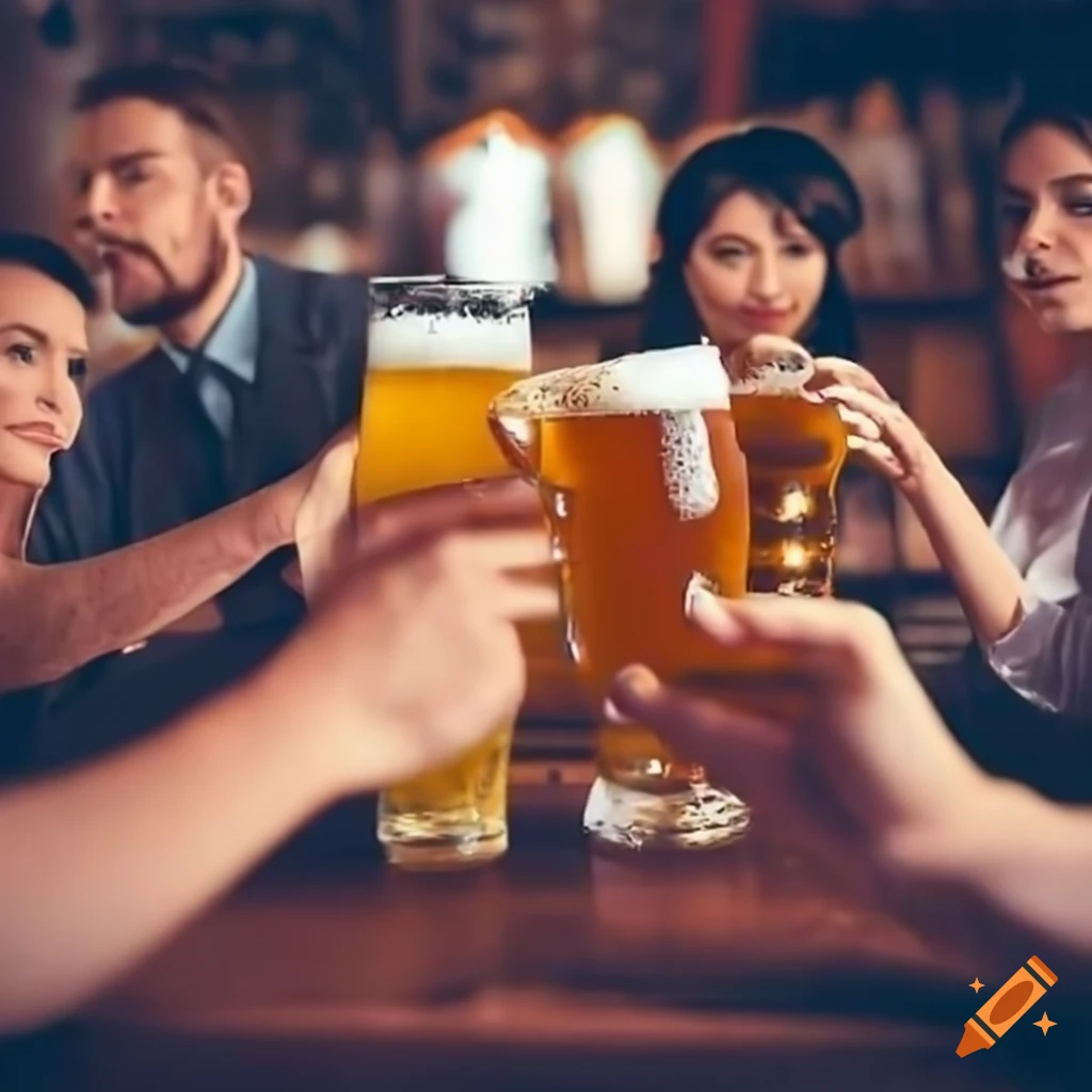 Coworkers enjoying beer in a pub on Craiyon