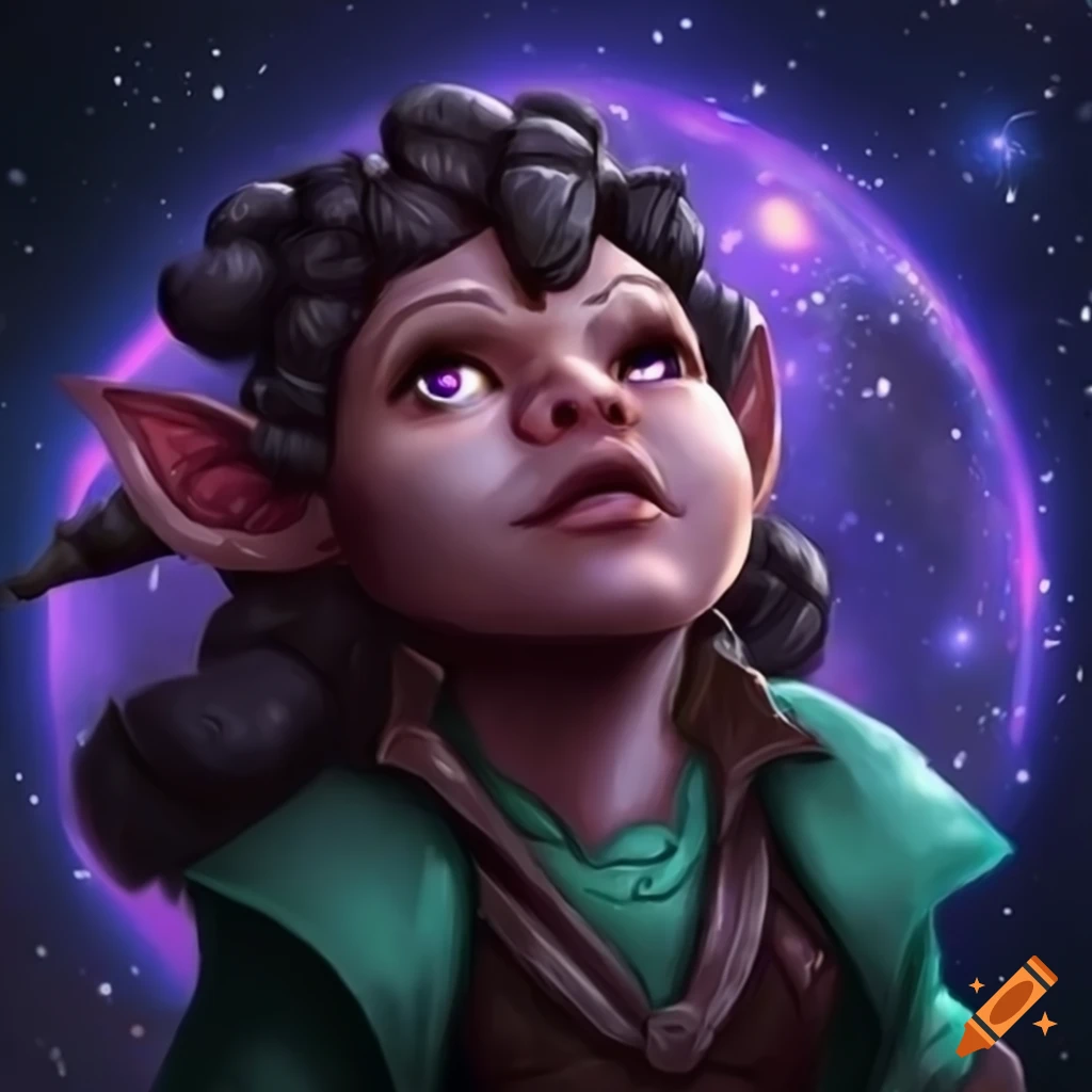 Elderly female gypsy gnome with dark skin looking at the stars on Craiyon