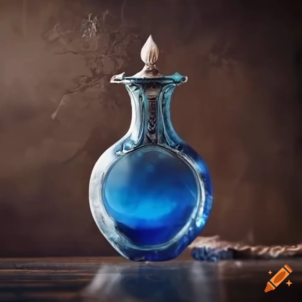 Half-empty blue alchemist's flask on an old table on Craiyon