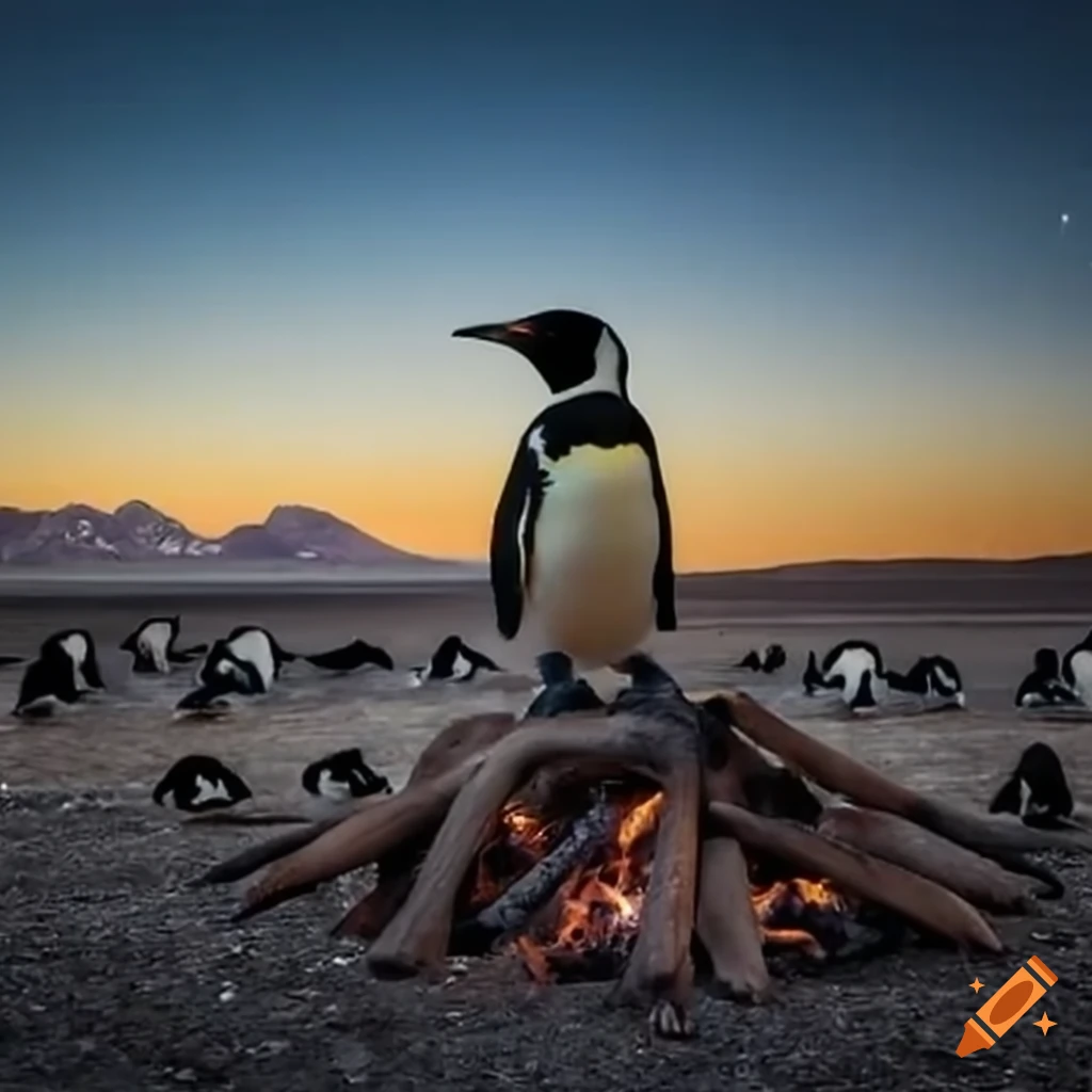 Penguins around a bonfire in the desert on Craiyon