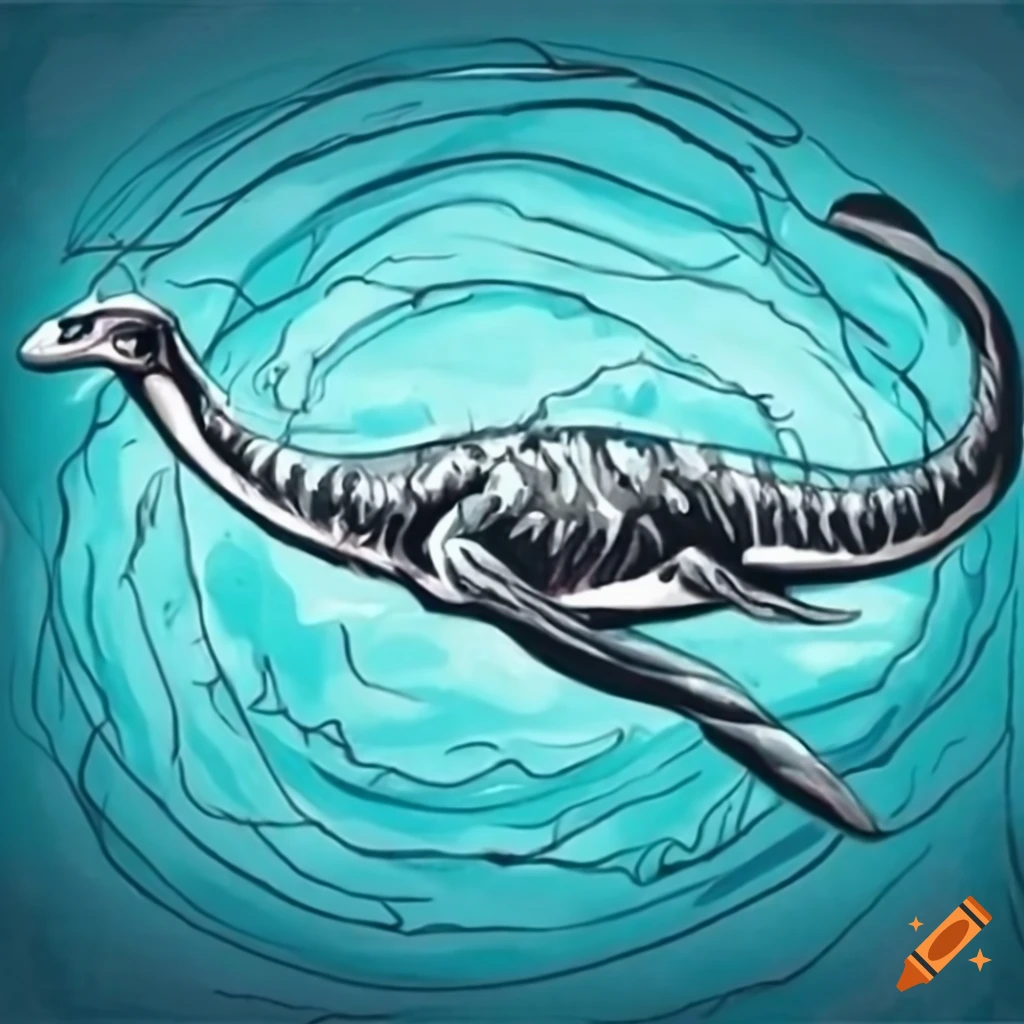 High contrast ink drawing of a swimming plesiosaur with mountains in ...