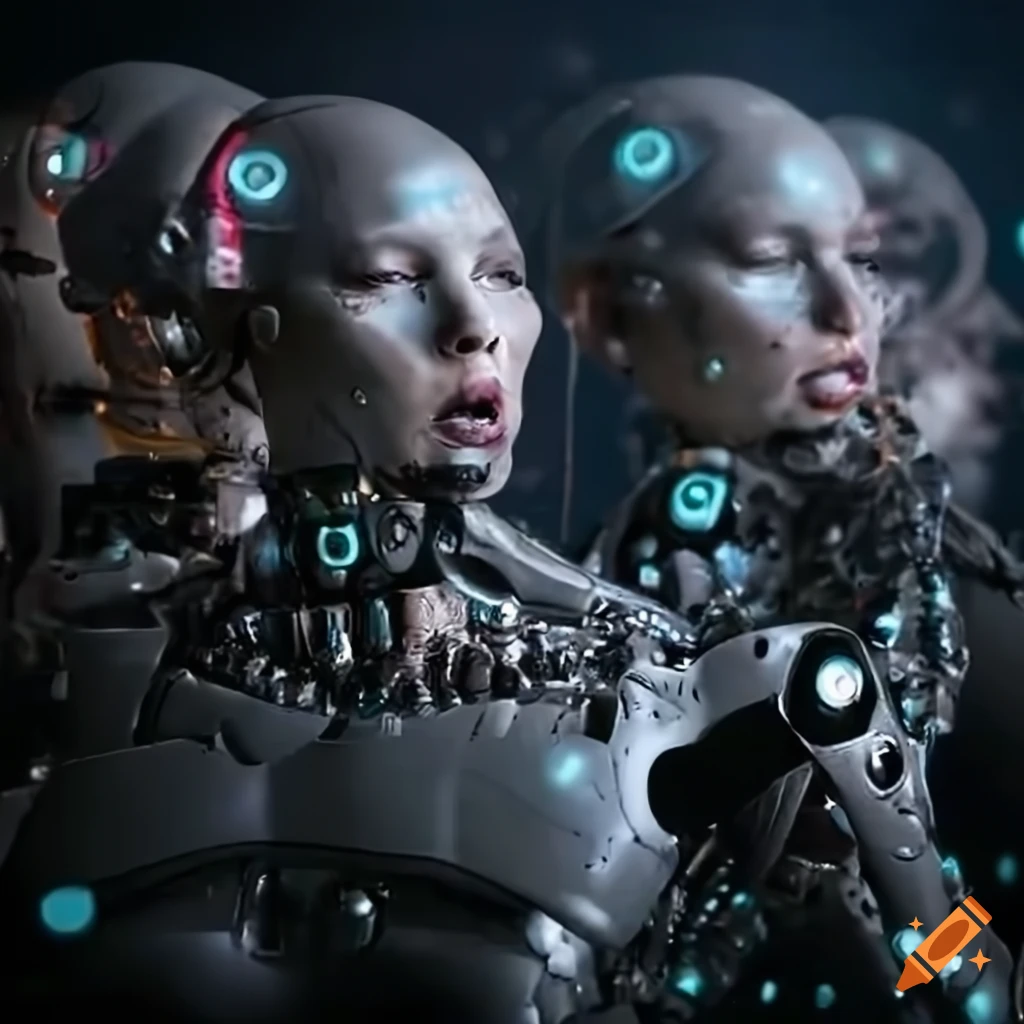 Citizens standing united against cyborgs in a high-resolution image on ...