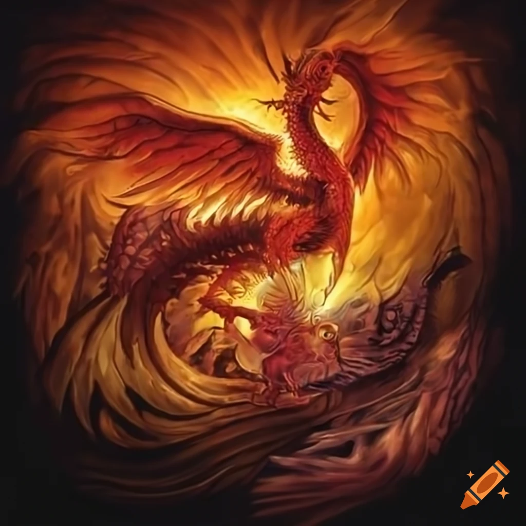 Painting of a phoenix and a dragon in battle on Craiyon