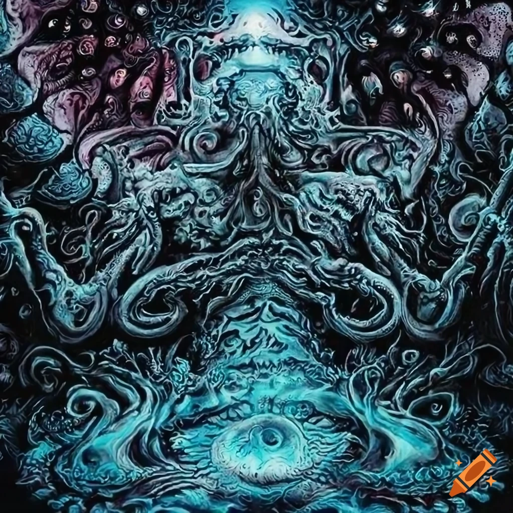 Intricate mural depicting cosmic creation myth with eldritch undertones ...