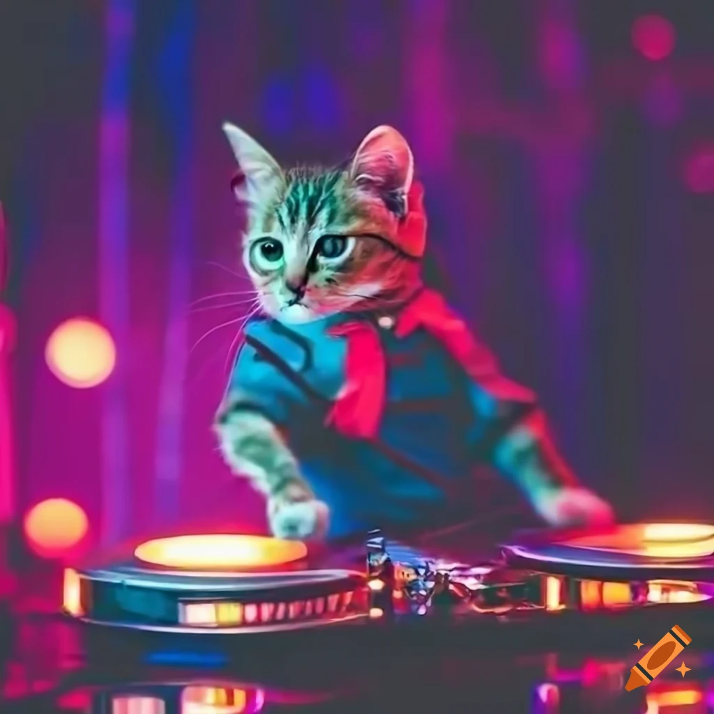 Adorable kitten in a DJ outfit on a cruise ship surrounded by neon ...