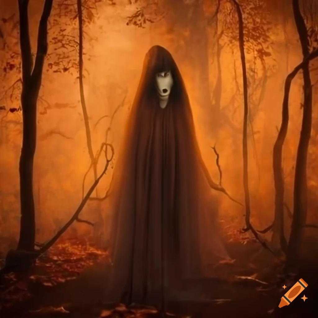 Orange autumn scene with haunted ghost and spooky mist on Craiyon