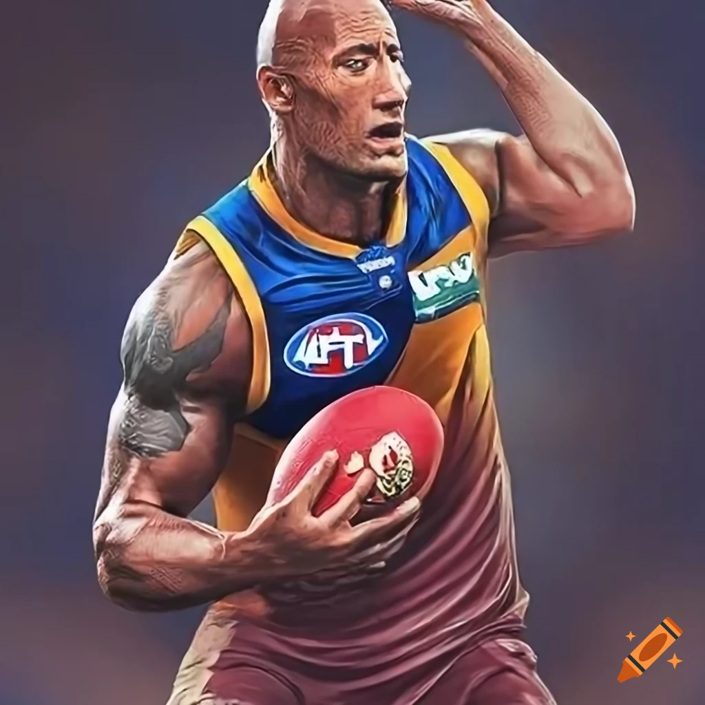 Dwayne Johnson playing AFL for the Brisbane Lions in photorealistic art ...
