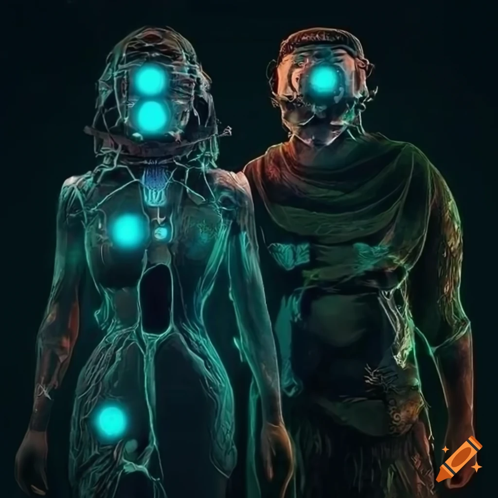 Digital illustration of a biopunk family in a biopunk moss-filled ...