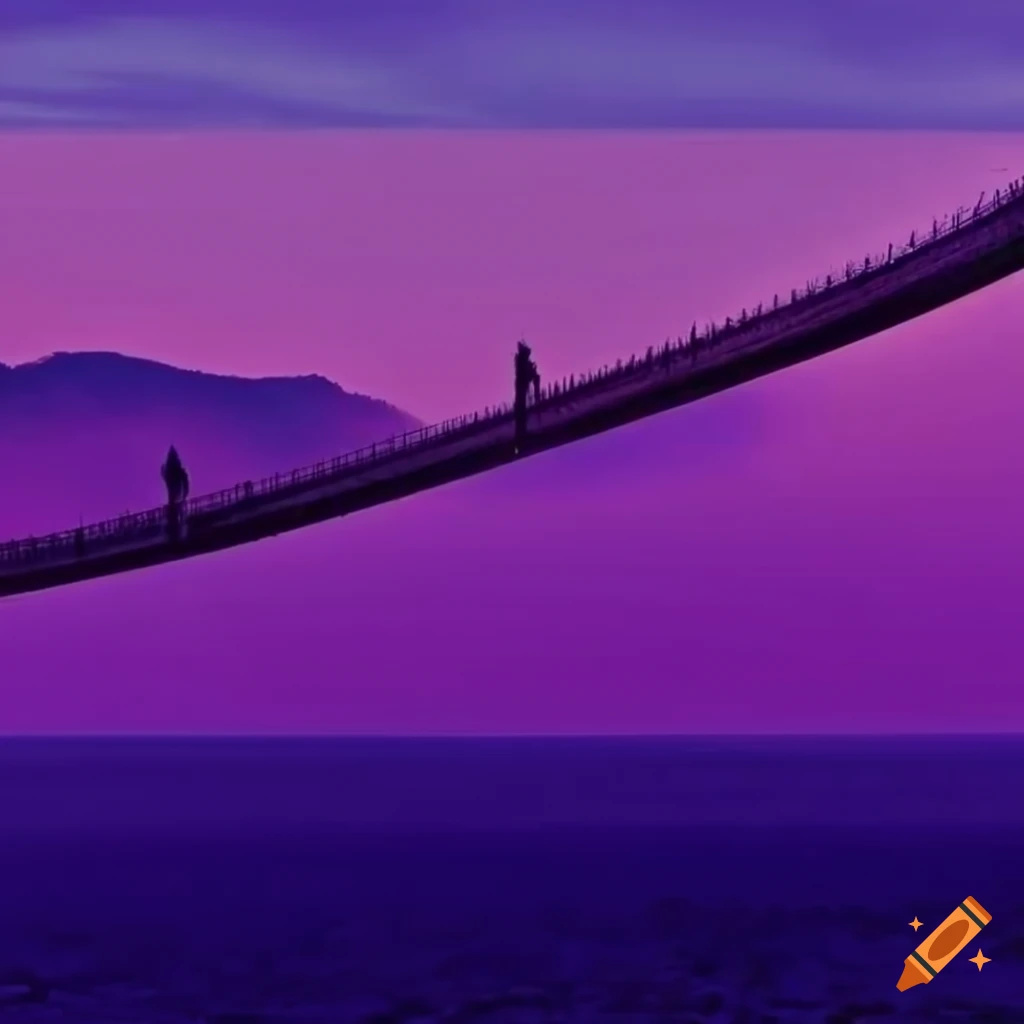 Abstract maze of bridges surrounded by tall, purple mountains on Craiyon