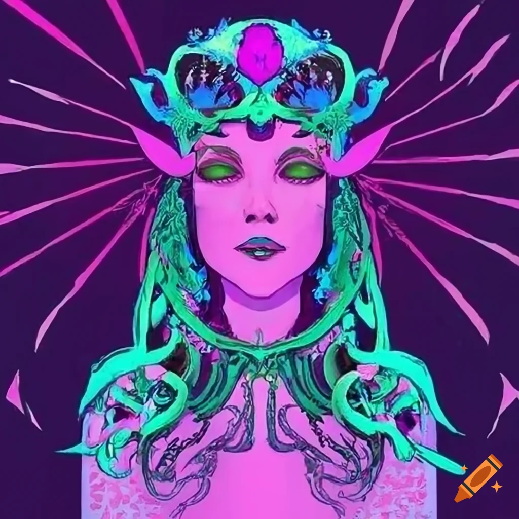 Vaporwave rendition of mucha's alien queen on Craiyon