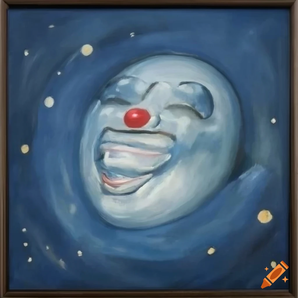 Laughing moon clown in fetal position in oil painting on Craiyon