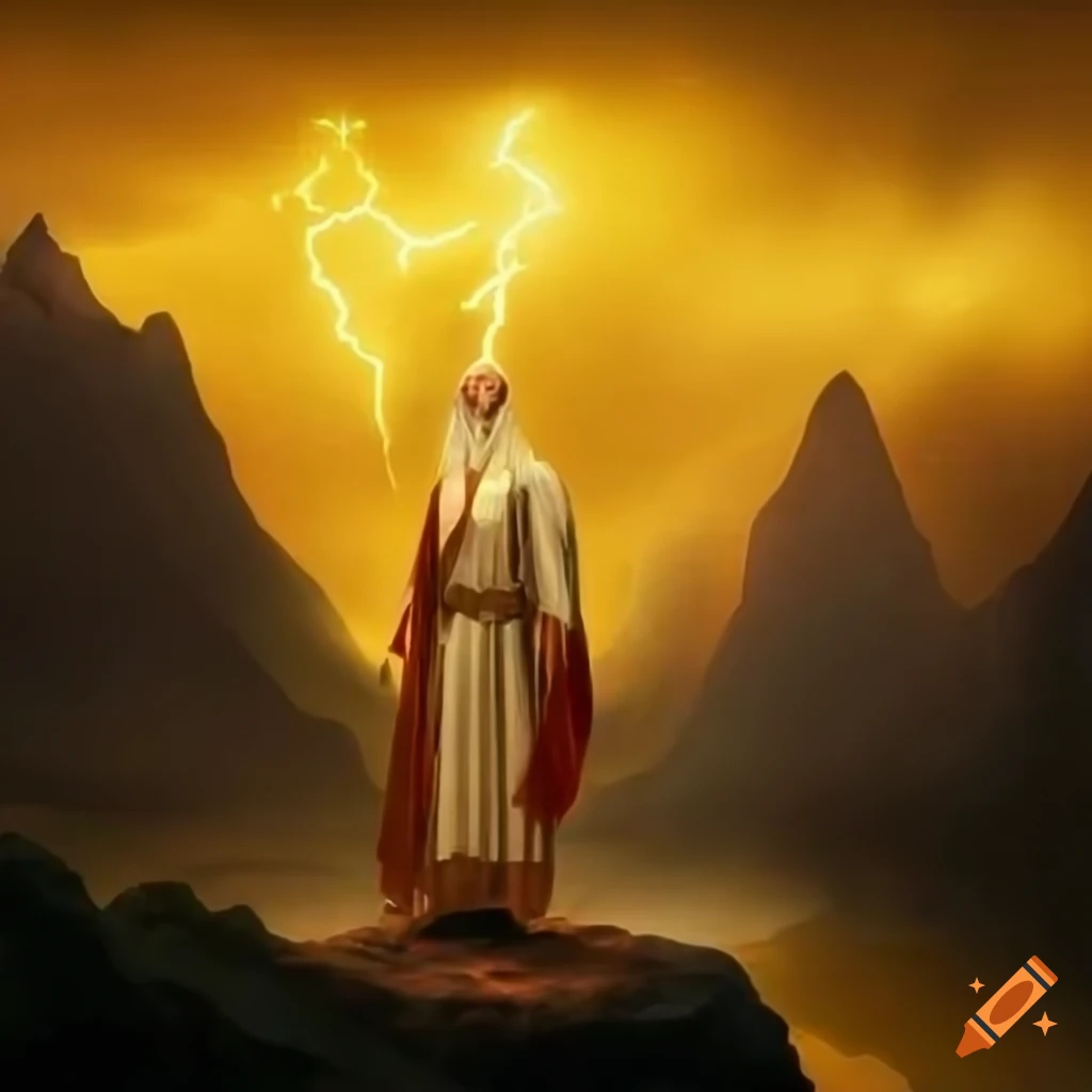 Prophet moses on mountain surrounded by divine glory with lighting and thunder on Craiyon