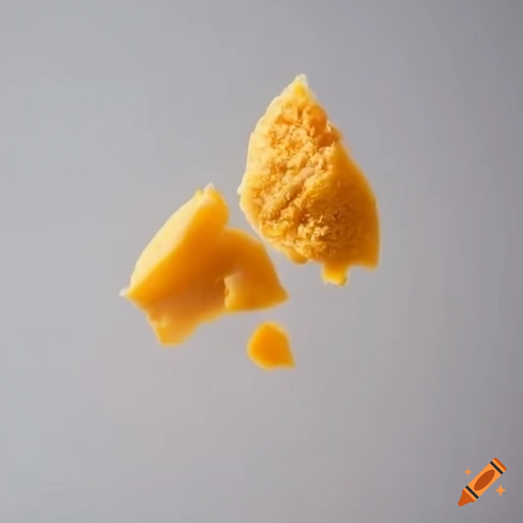 Flying cheddar cheese crumbs on white background on Craiyon