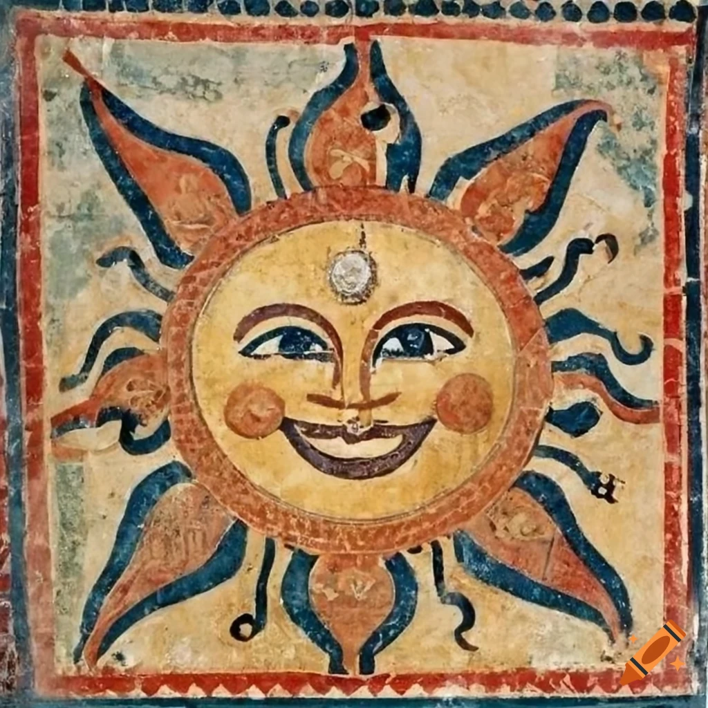Smiling sun on an album cover with a romanesque fresco on Craiyon