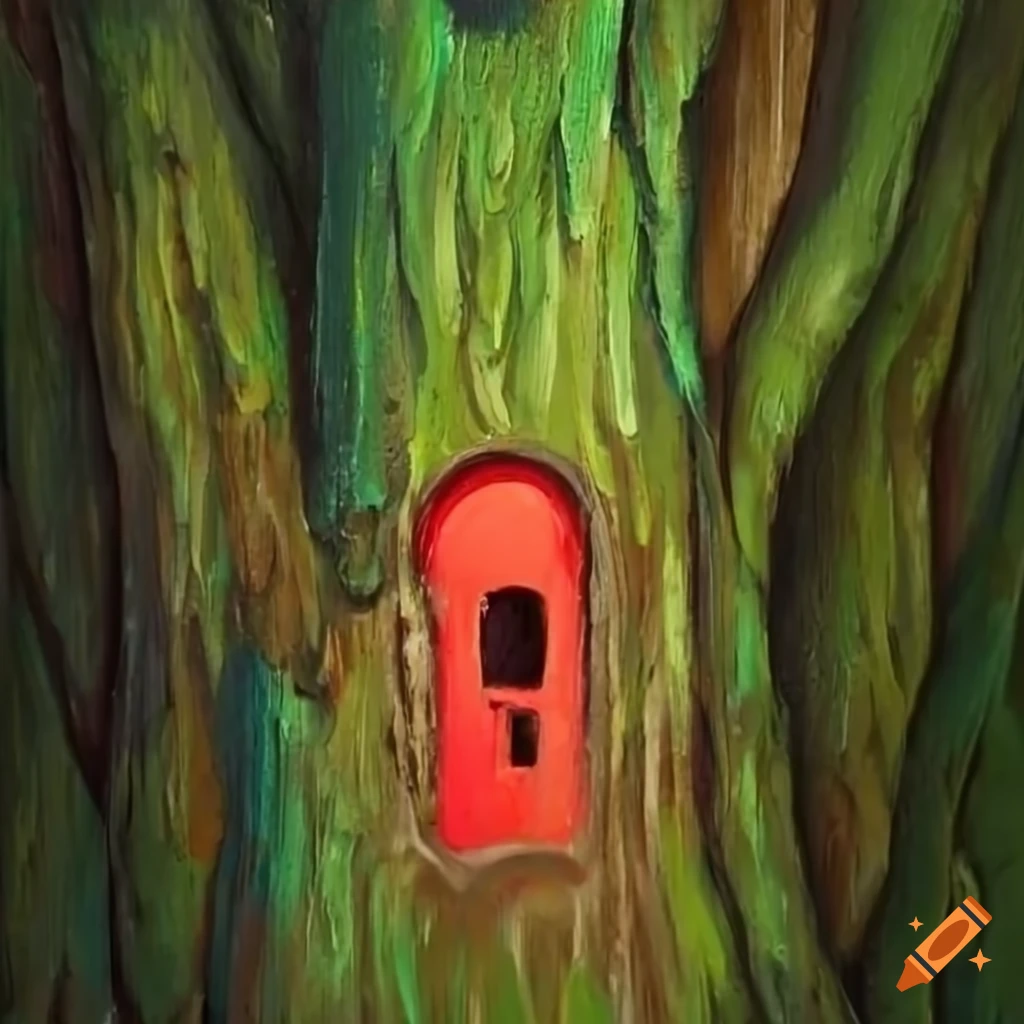 Close up of green tree with decorative red keyhole on Craiyon