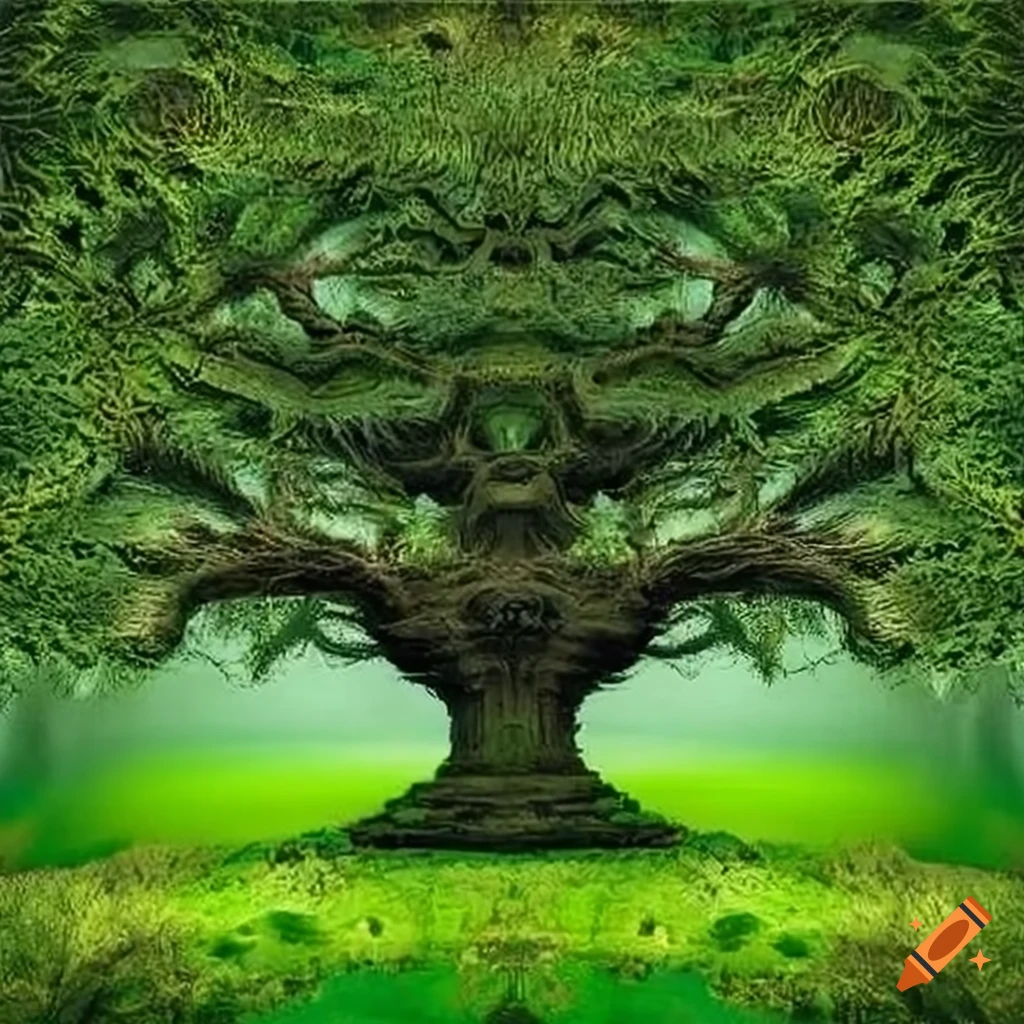 Graceful oak tree with intricate carvings representing germanic ...