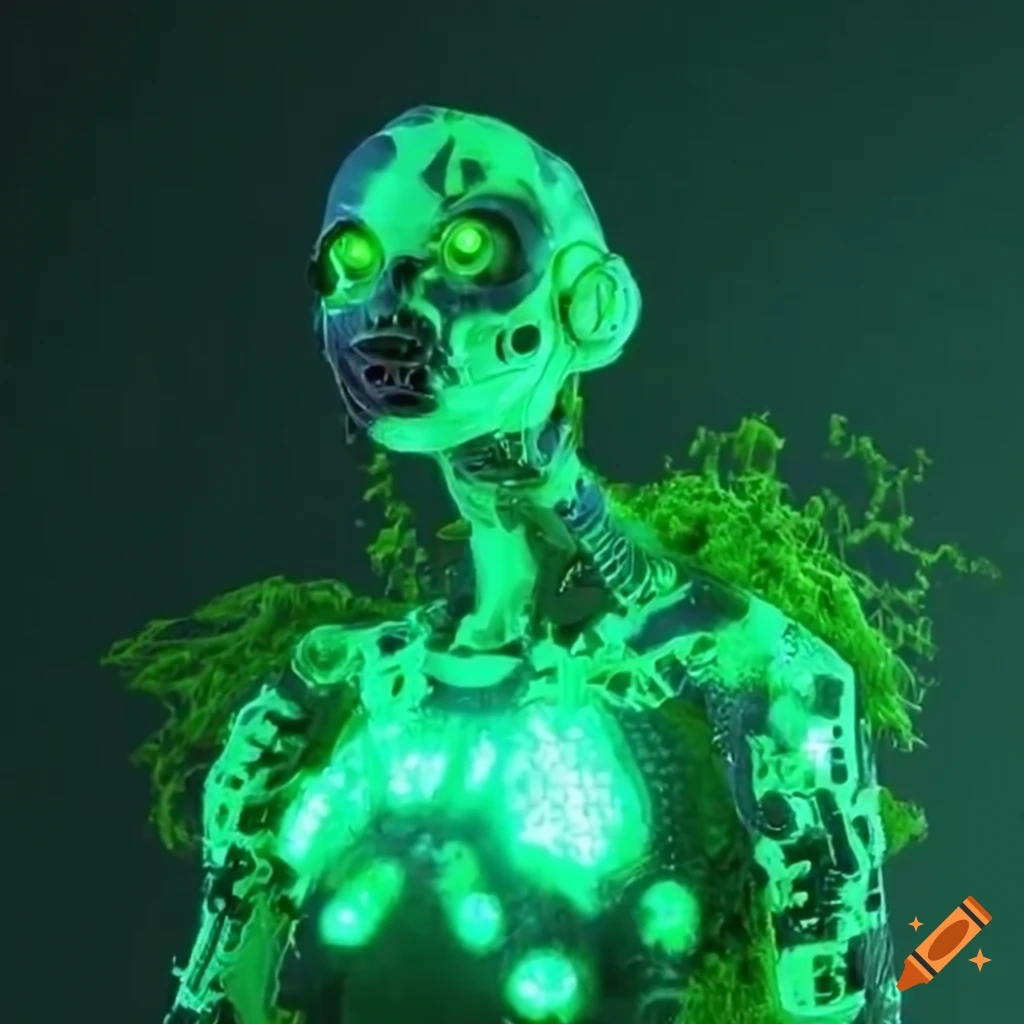 Biopunk cyborg in a futuristic laboratory covered in glowing biopunk ...