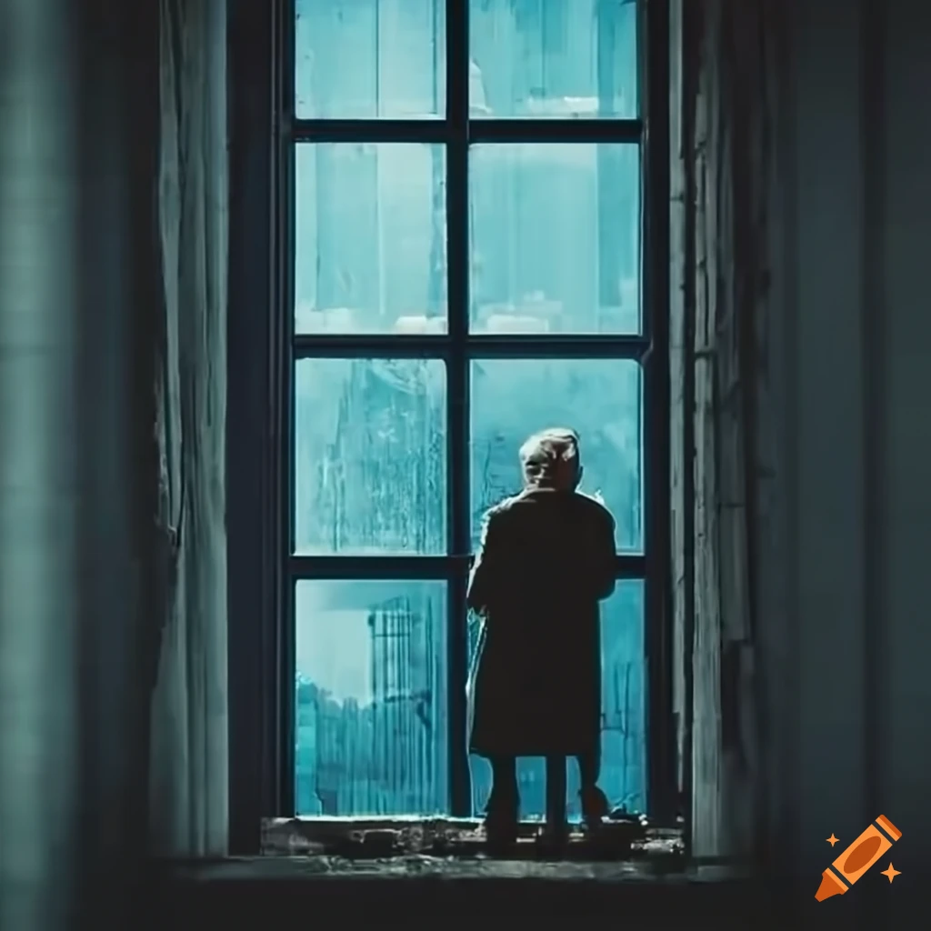Elderly man gazing through tall building window on Craiyon