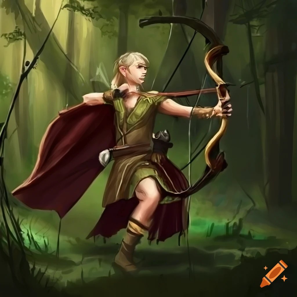 Elf archer training his bow in the woods in fantasy art style on Craiyon