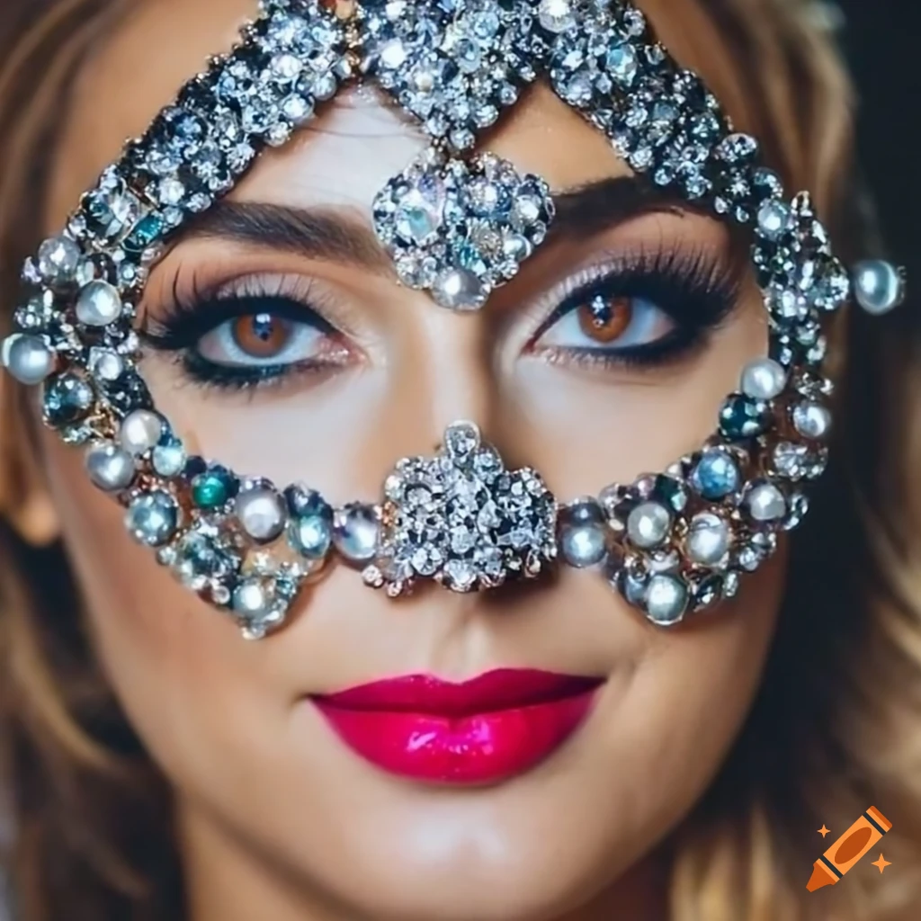 Close-up of woman wearing a diamond and pearl mask, with captivating ...