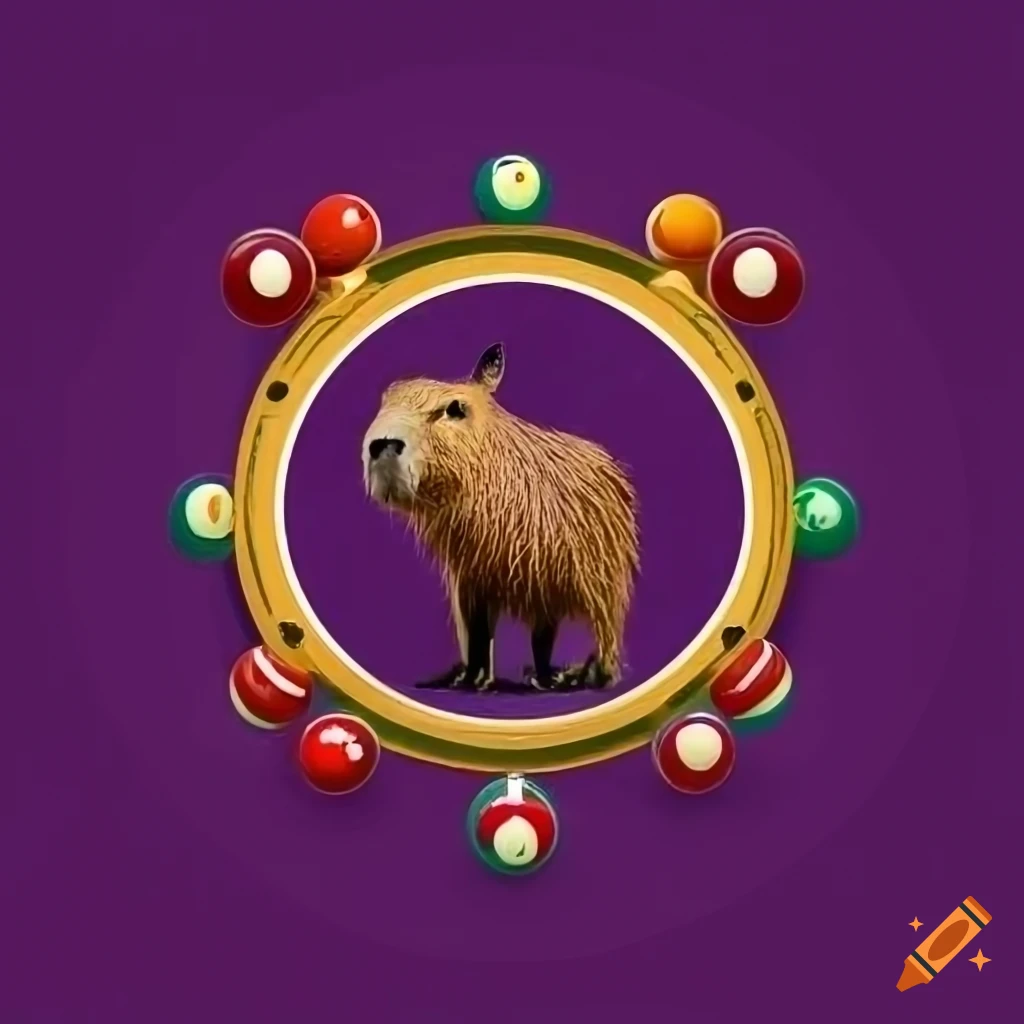 Capybara surrounded by billiard balls with a king's crown in purple ...
