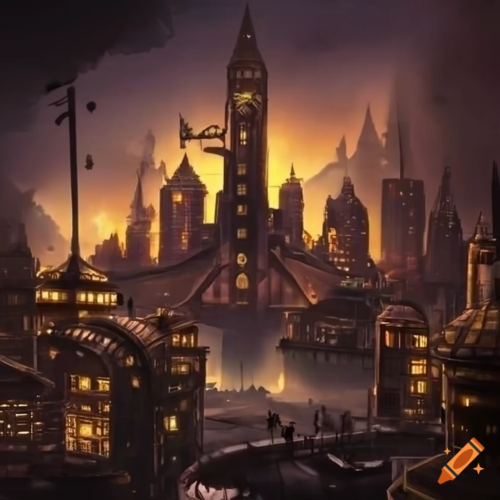 Steampunk city at night on Craiyon