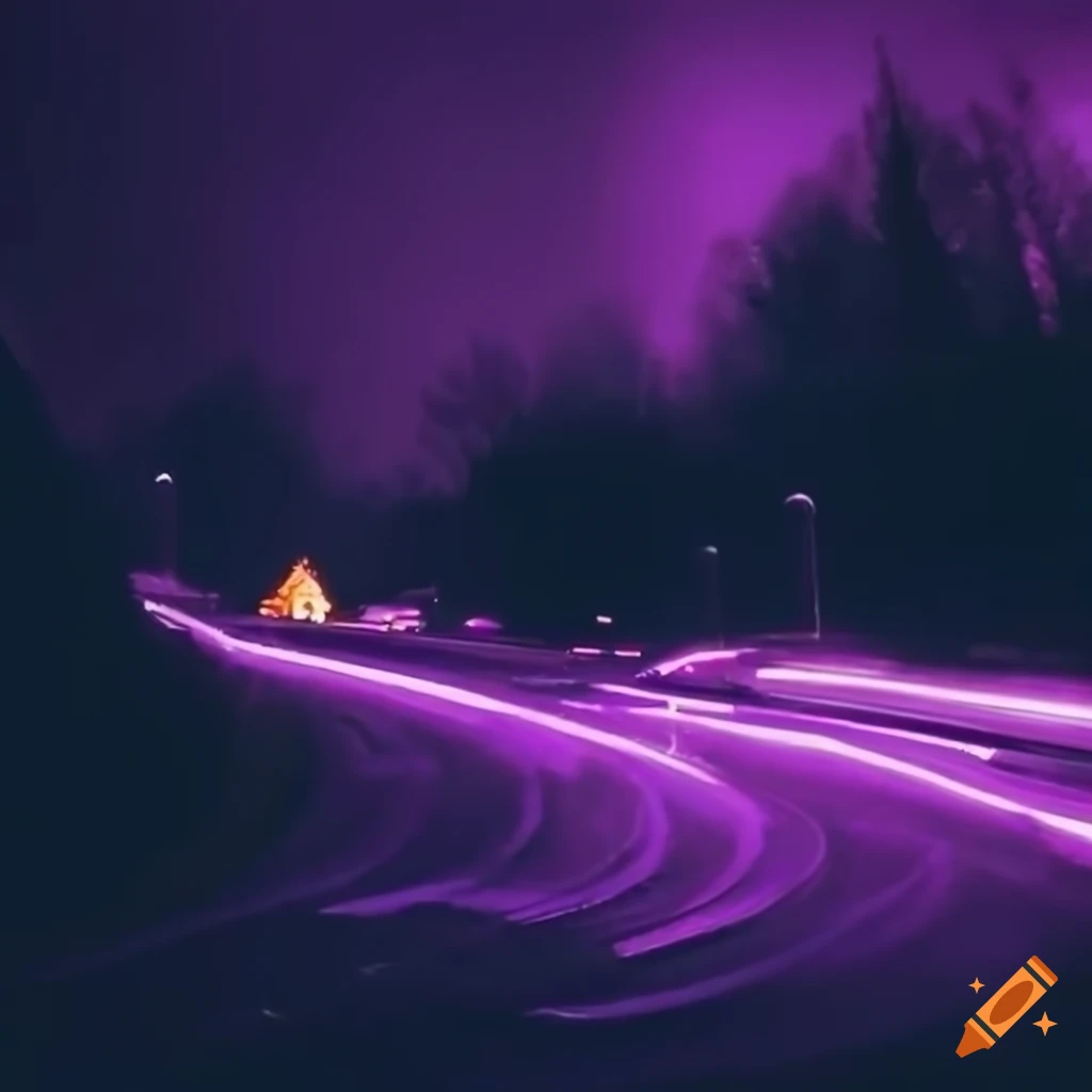 Fast nighttime city drive with a dark purple aesthetic on Craiyon