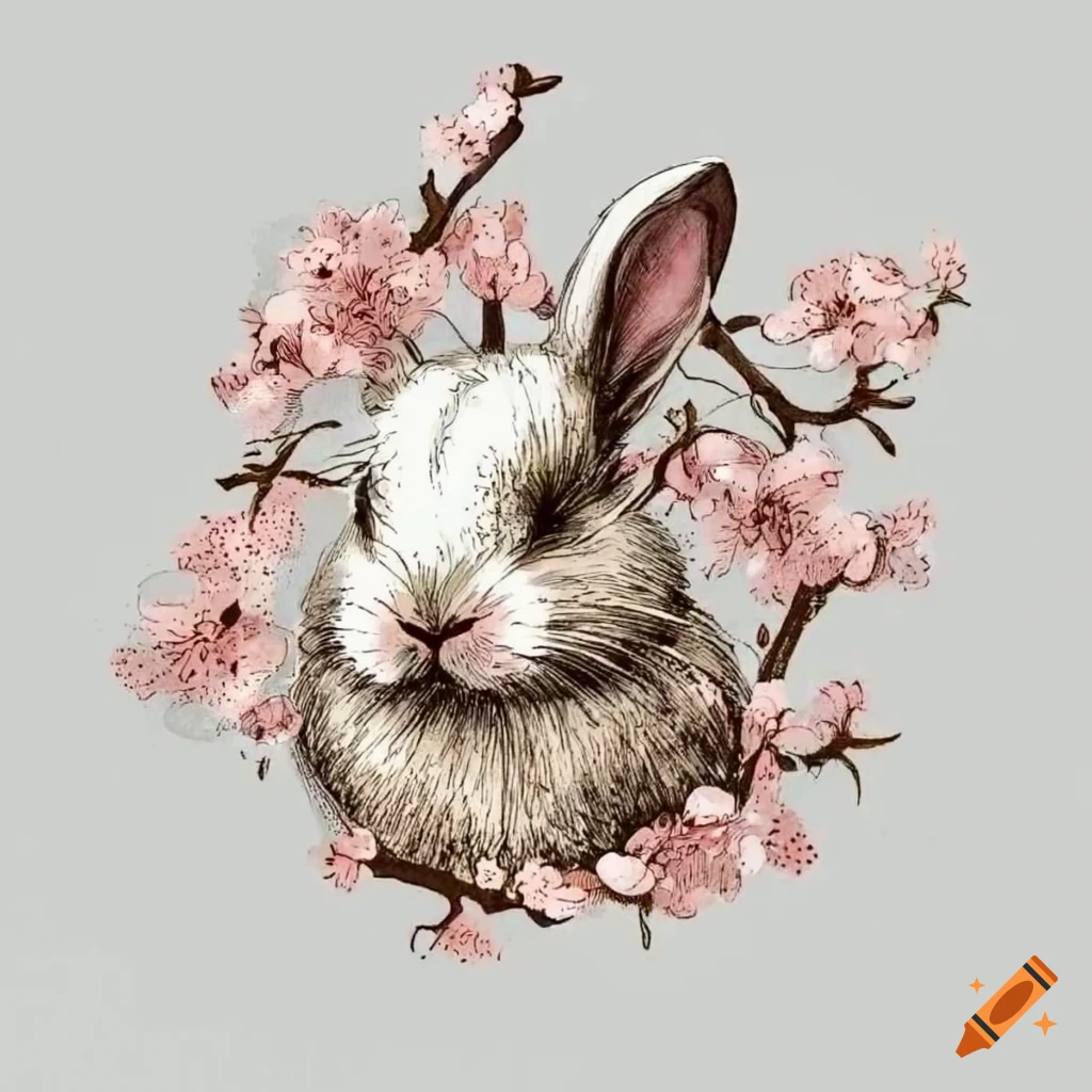 Easter bunny in an apricot blossom wreath in a line drawing style on ...
