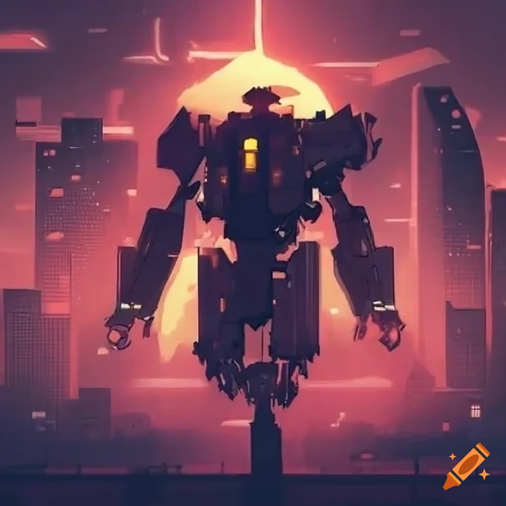 Mecha flying over a city with a laser in anime style on Craiyon