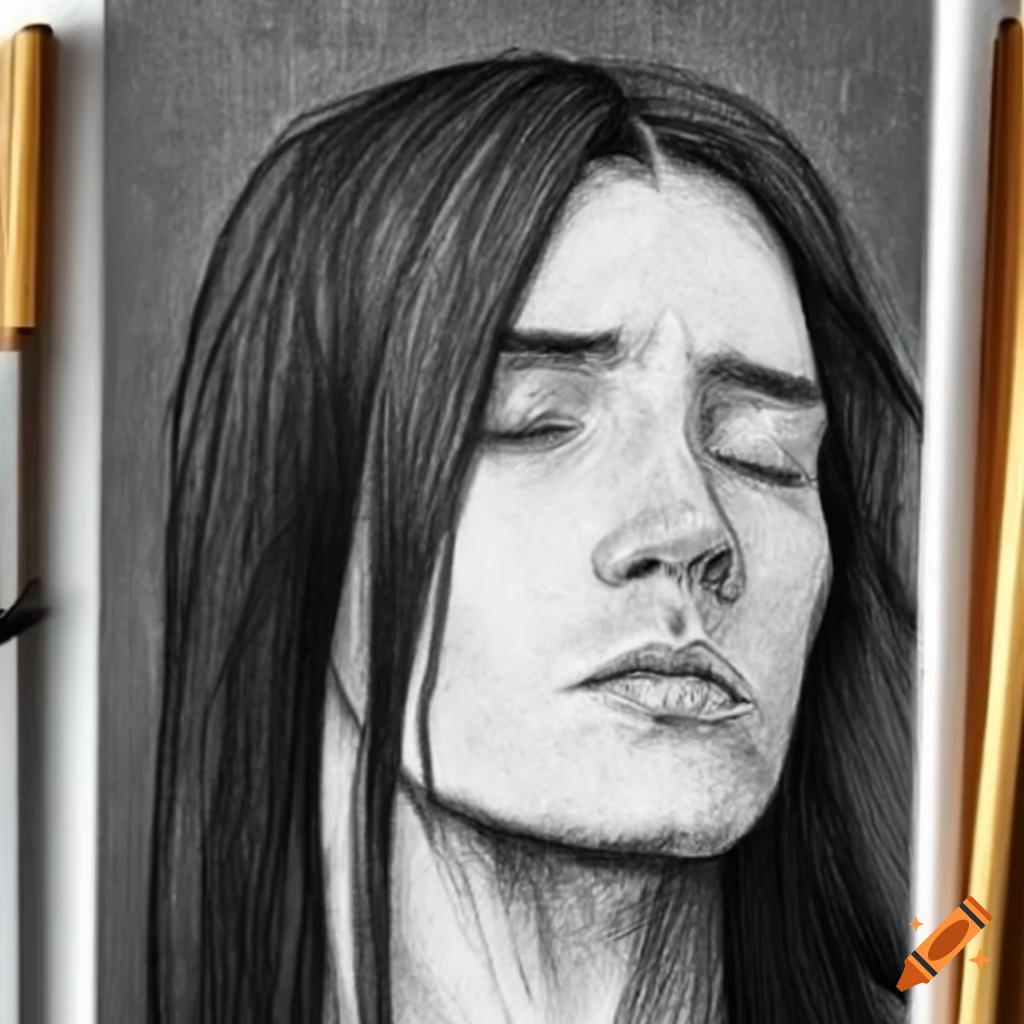 Portrait of a pale man with long straight black hair and a tired face ...