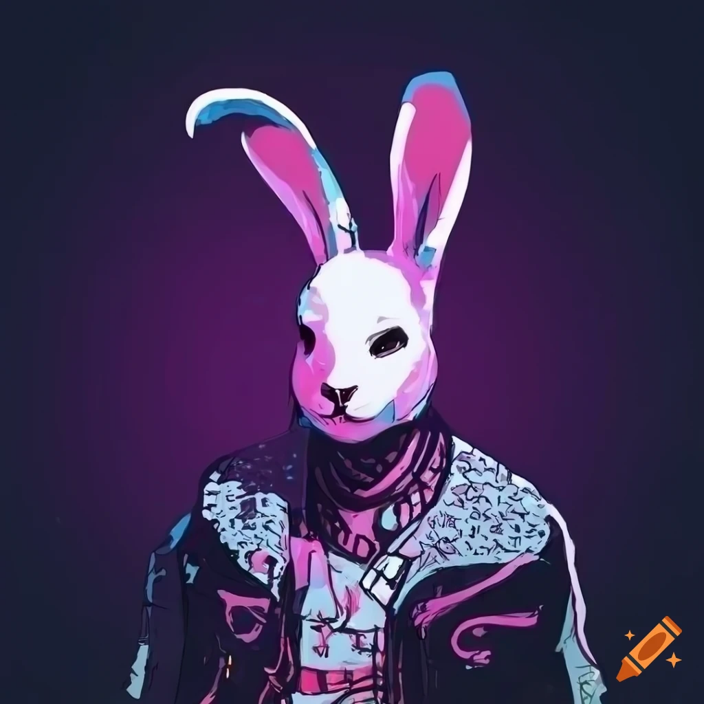 Punk white rabbit against neon city backdrop in a drawing on Craiyon