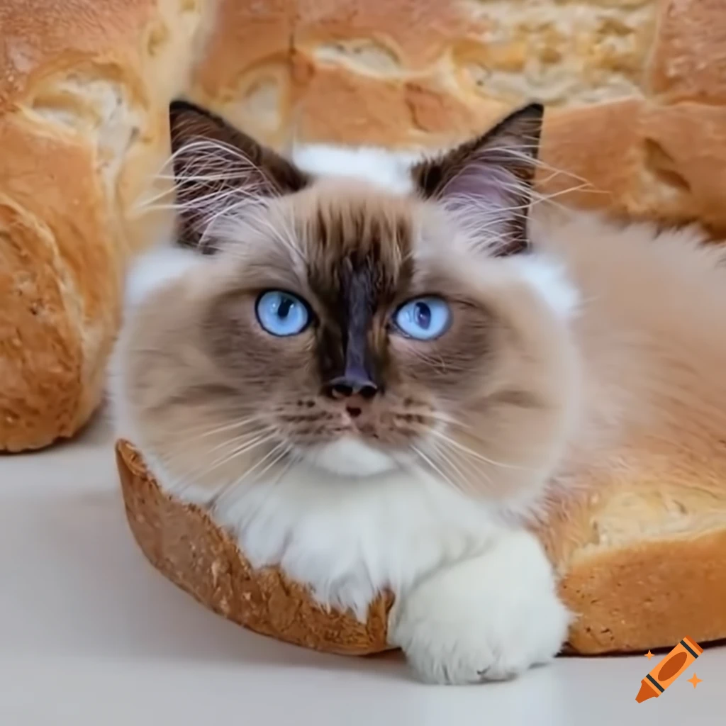 Ragdoll cat loafing inside a bread loaf on Craiyon